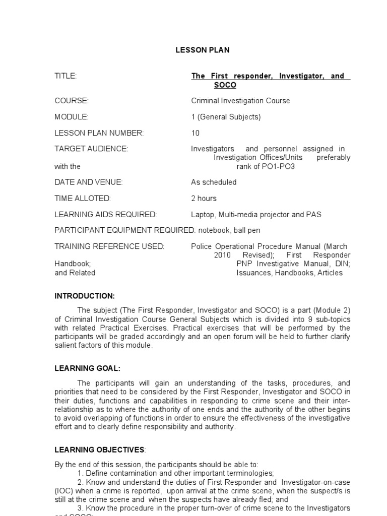 10. Lesson Plan the First Responder | Crime Scene | Victimology