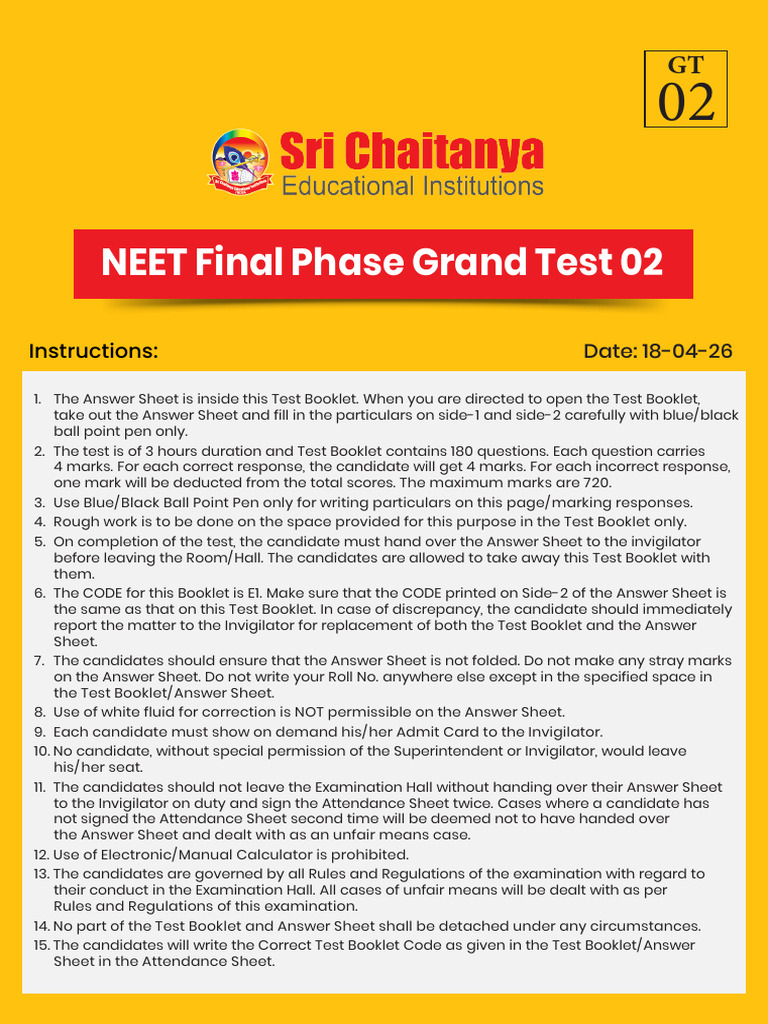 NEET Final Phase Revision Grand Test-02 (18-4-26) QP | PDF | Meiosis ...