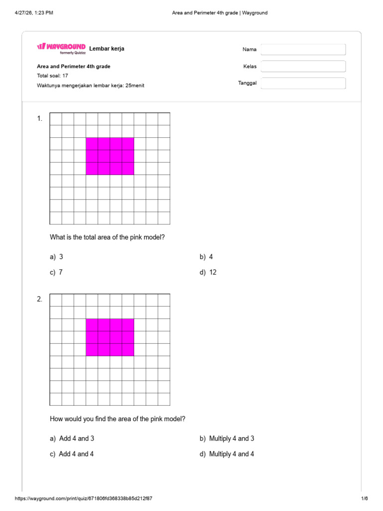 Area and Perimeter 4th Grade _ Wayground | PDF | Area | Chess Theory