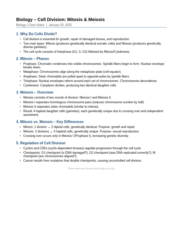 Biology Cell Division Notes | PDF