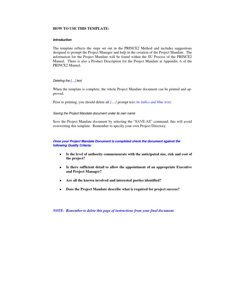 Prince2 Project Mandate Template | Technology | Business