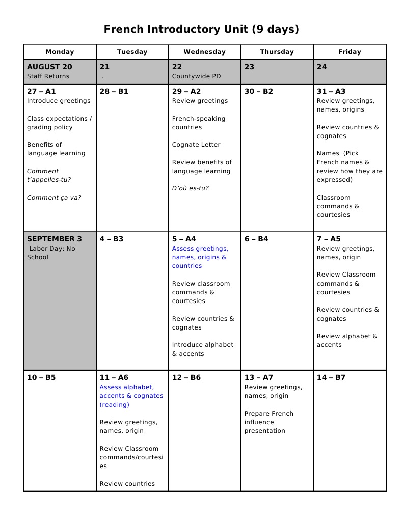 9-Day French Introductory Unit Plan | PDF