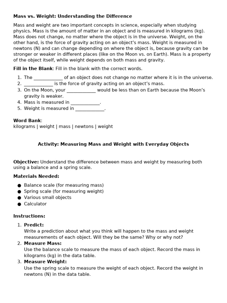 Lesson 3 Mass Vs Weight | PDF | Weight | Mass