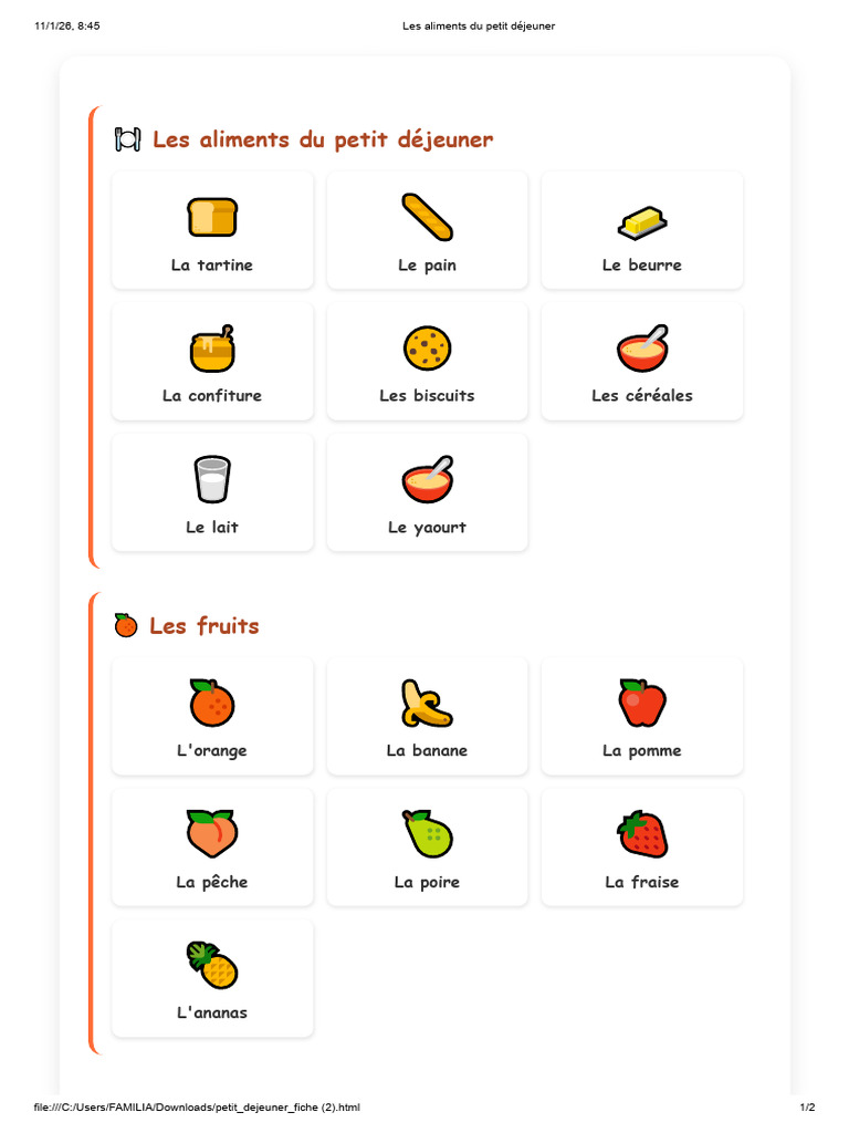 Les Aliments Du Petit Déjeuner | PDF