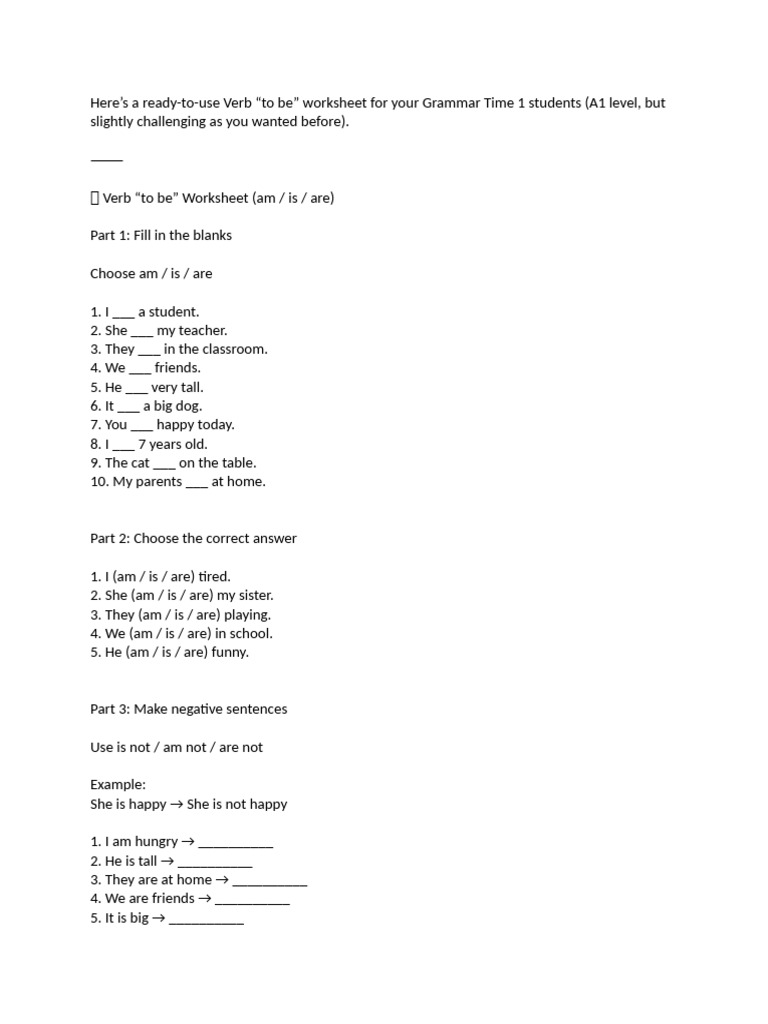 Verb to Be Worksheet for G1 | PDF