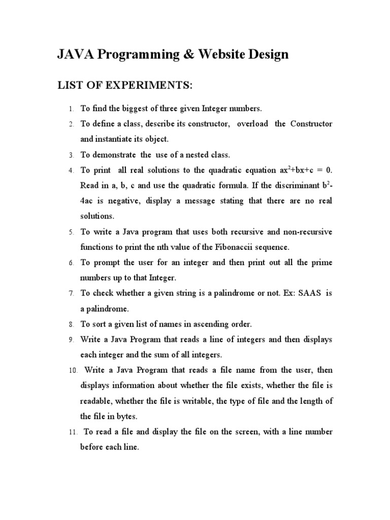 JAVA Programming & Website Design: List of Experiments | PDF | Computer ...