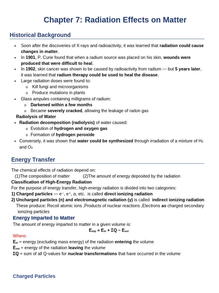 Radiation Effects on Matter Summary | PDF | Radiation | Ionizing Radiation
