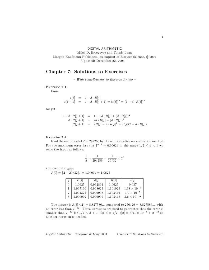 Digital Arithmetic - Ercegovac & Lang 2004 Chapter 7: Solutions To ...