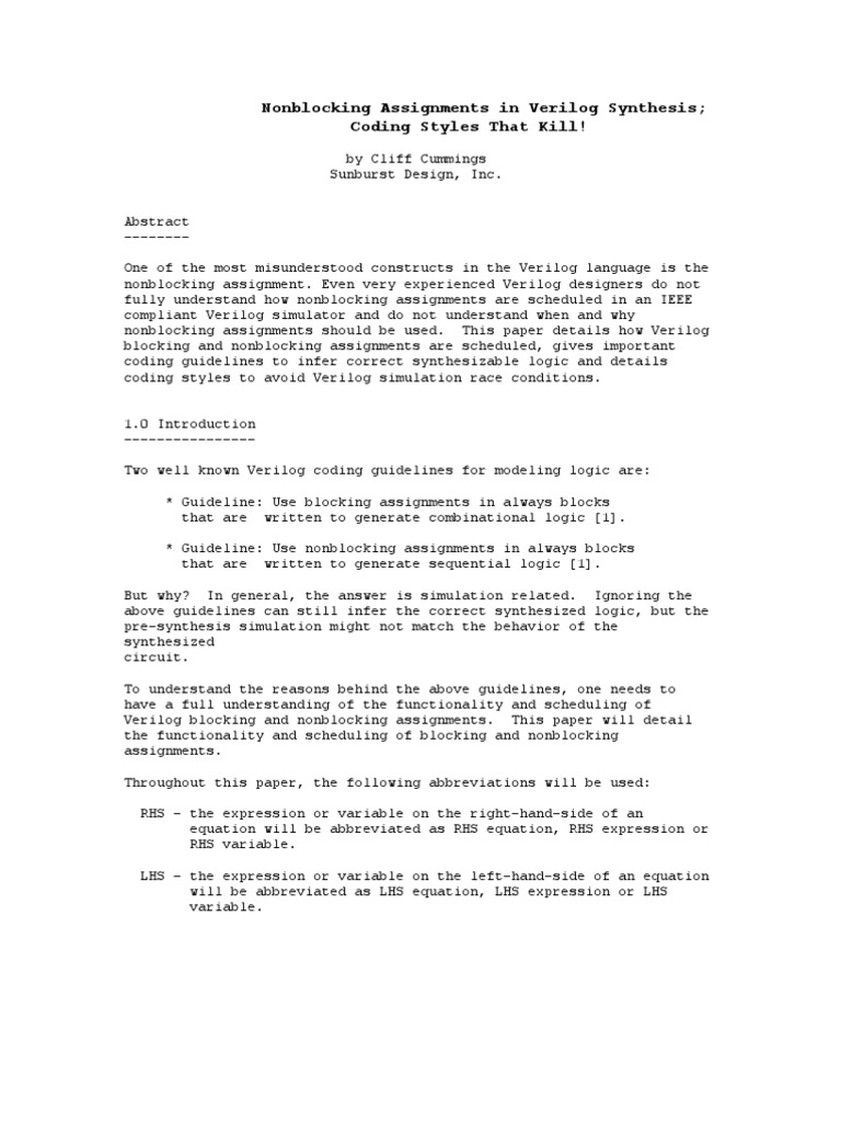 Nonblocking Assignments in Verilog Synthesis Coding Styles That Kill! | PDF | Hardware ...