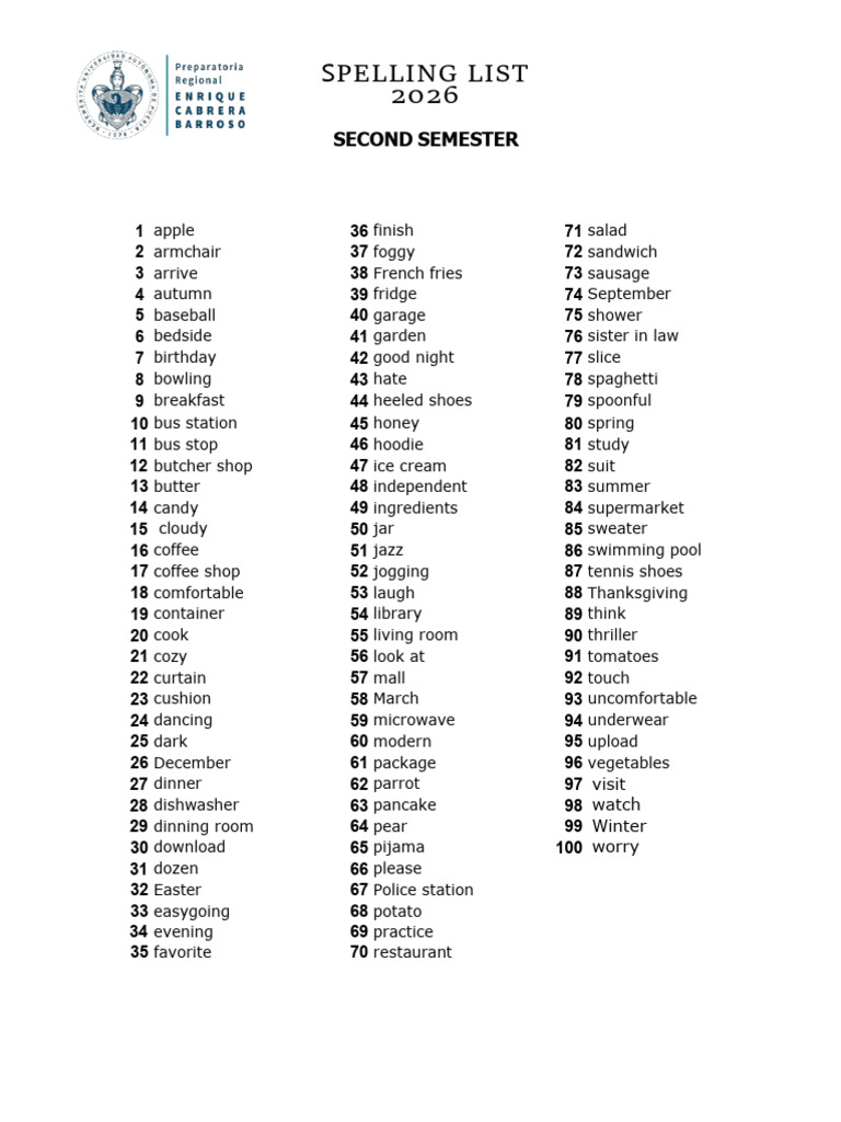Spelling List 2nd Semester-2026 | PDF