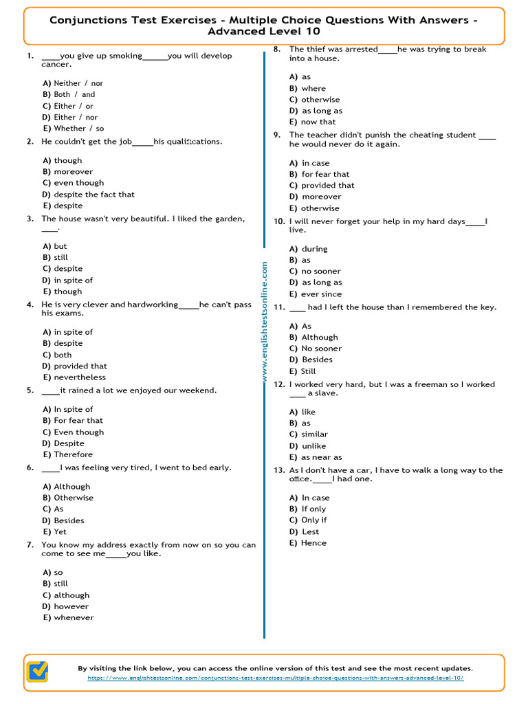 709999809 Multiple Choice Test About Conjunctions | PDF