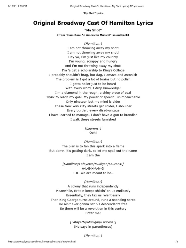 Original Broadway Cast of Hamilton - My Shot Lyrics _ AZLyrics.com ...