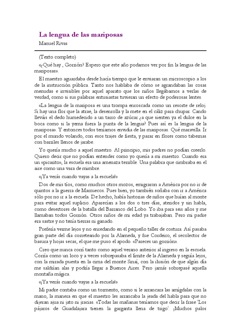 La lengua de las mariposas: cuento de Rivas | PDF