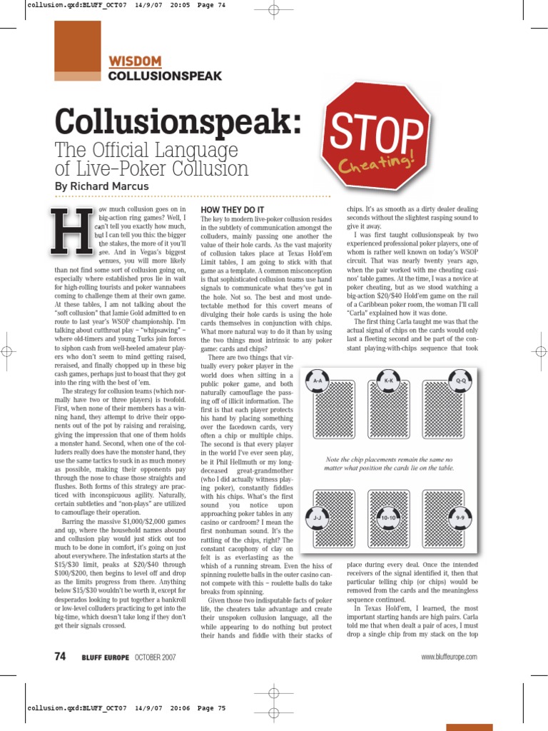 Bluff Magazine Collusion Speak Article | PDF | Poker | Texas Hold 'Em