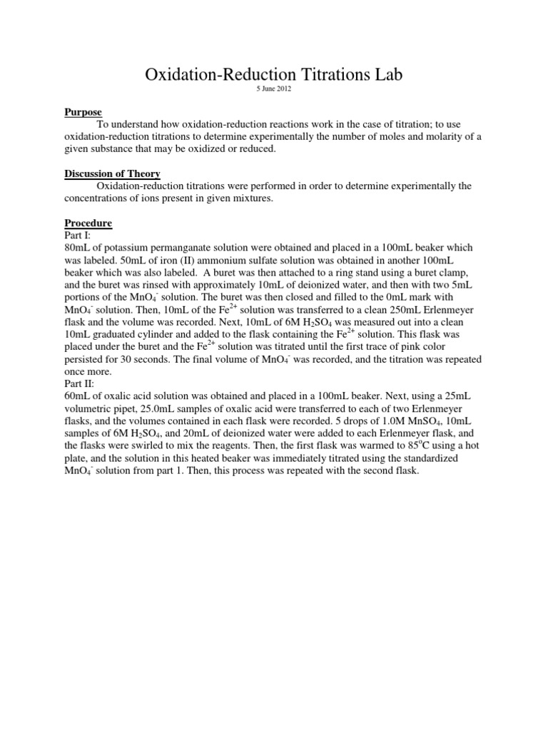 Oxidation-Reduction Titration Lab | PDF