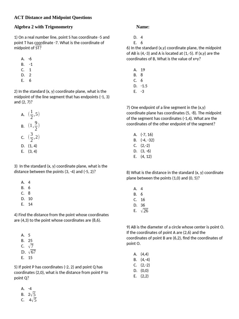 Act Worksheet -- A) Midpoint and Distance Formula | PDF | Euclidean ...