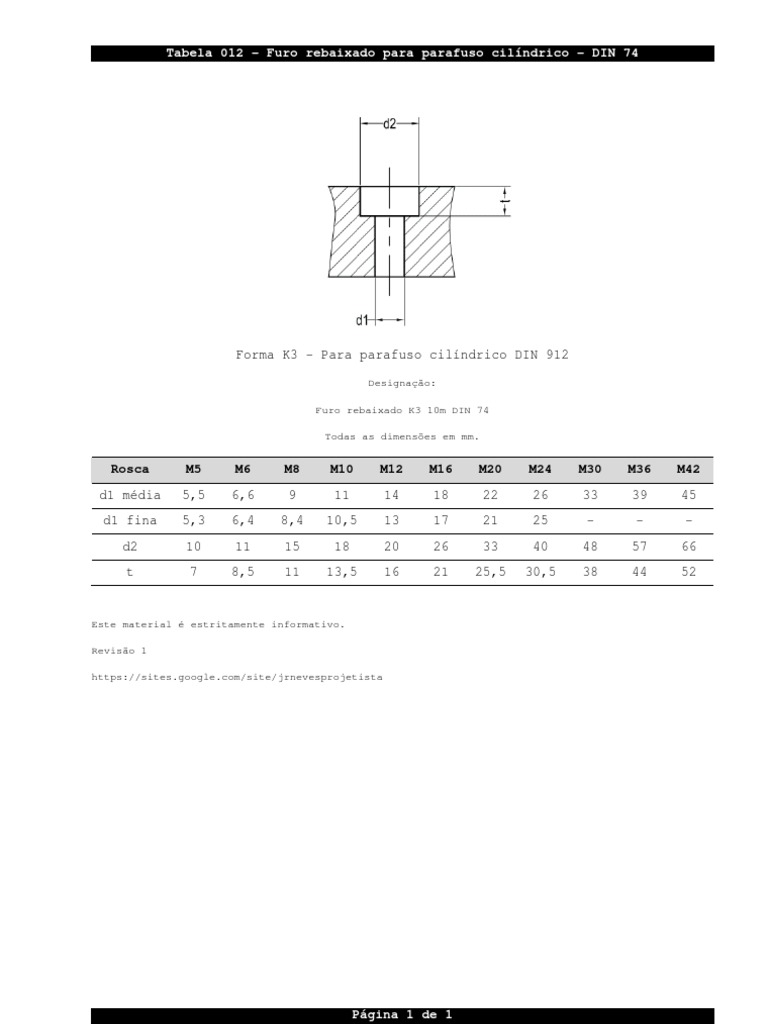 Tabela 012 - Furo Rebaixado para Parafuso Cilíndrico - DIN 74 | PDF
