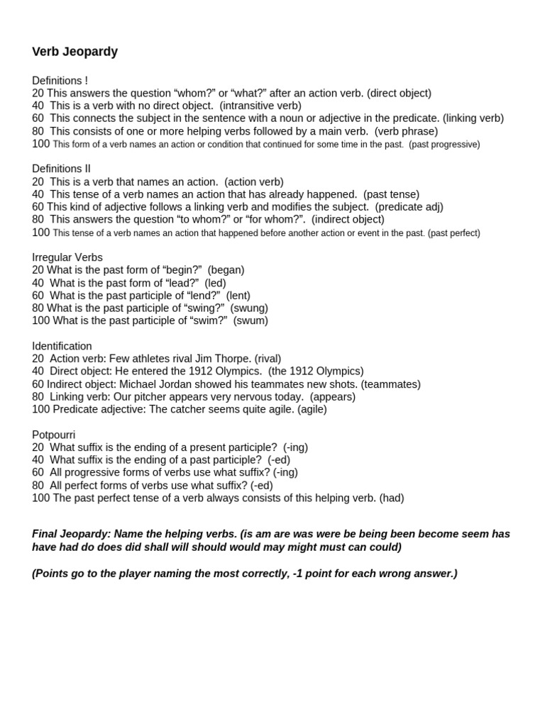 Verb Jeopardy style test review | PDF