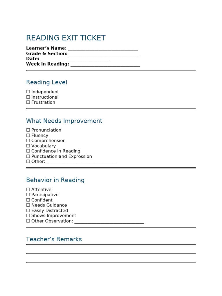 Reading Exit Ticket Template | PDF