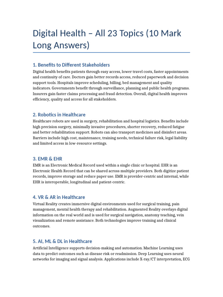 Digital Health All 23 Topics 10 Marks | PDF | Electronic Health Record ...