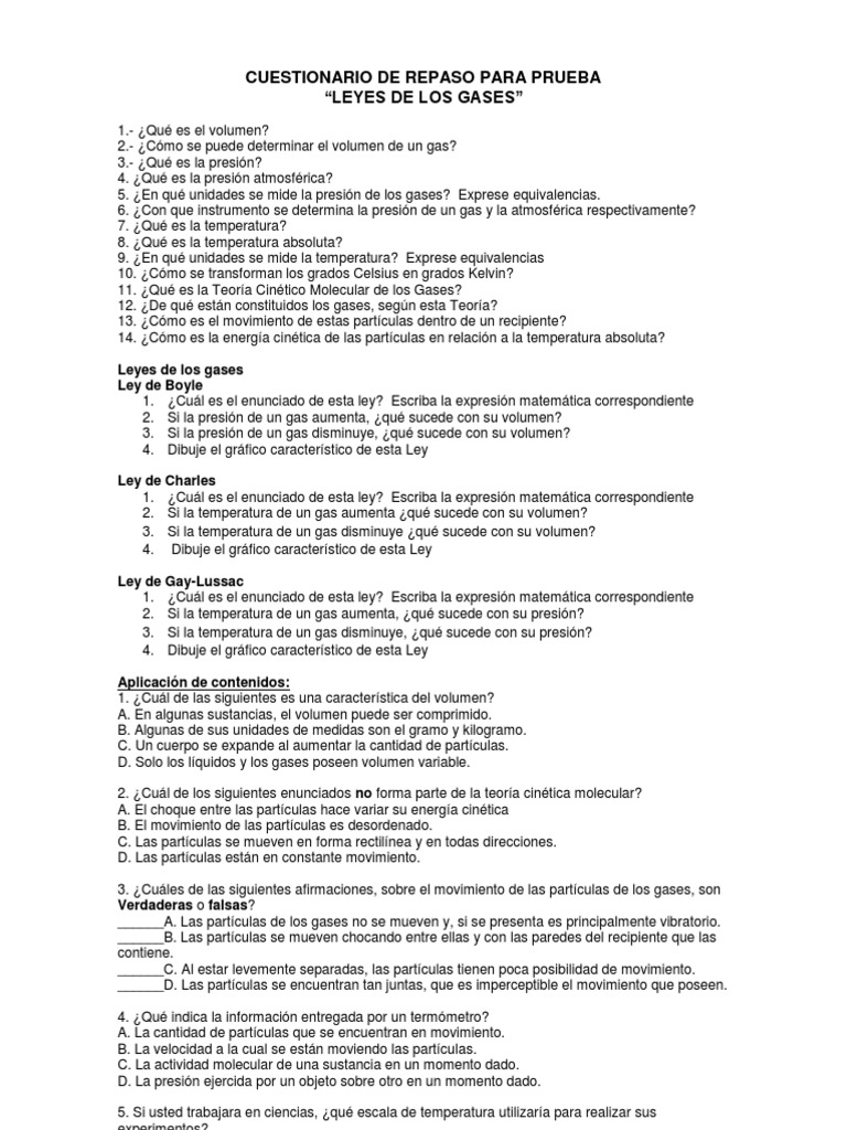 Cuestionario: Leyes de los Gases | PDF | Gases | Presión