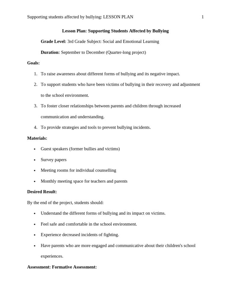 Supporting Students Affected by Bullying: LESSON PLAN | PDF | Bullying ...