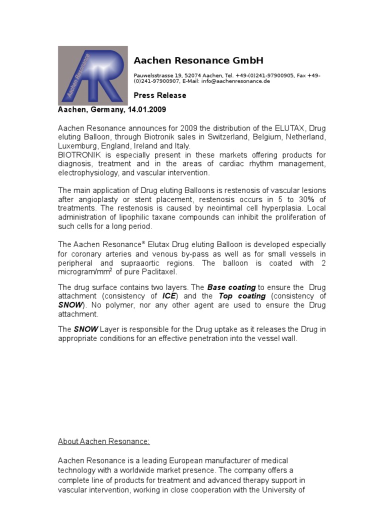 Aachen Resonance Distributes ELUTAX Balloon | PDF | Clinical Medicine ...