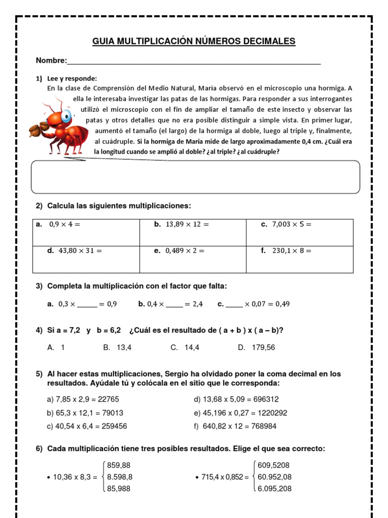 Guía de Multiplicación de Decimales | PDF | Métodos y materiales de ...