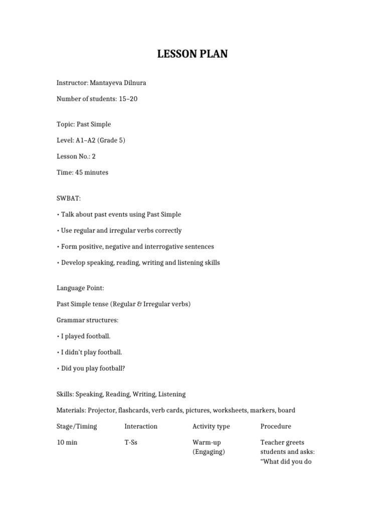IDEAL Past Simple Lesson Plan | PDF | Languages | Foreign Language Studies