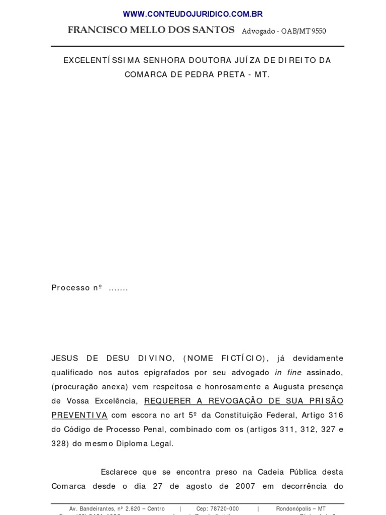 Peça Revogação De Prisão Preventiva Pdf Advogado Procedimento