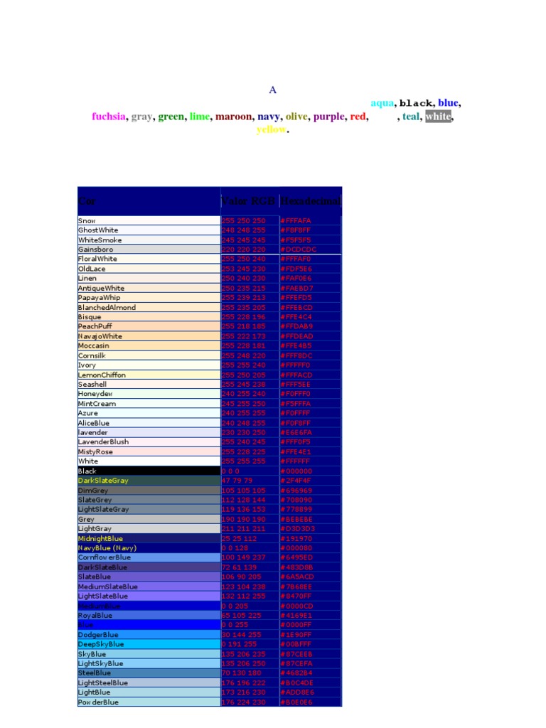 Códigos de Cores HTML e RGB | PDF | Light | Color