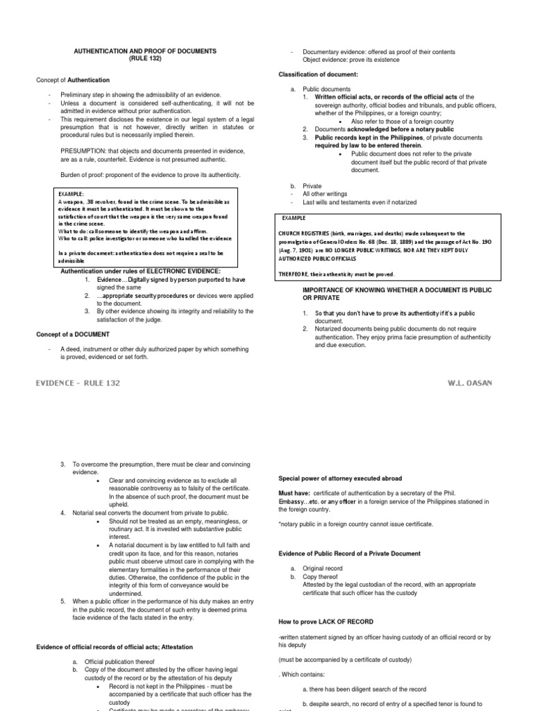 Evidence Rule 132 (Authentication of Documents) Riano | PDF | Evidence ...