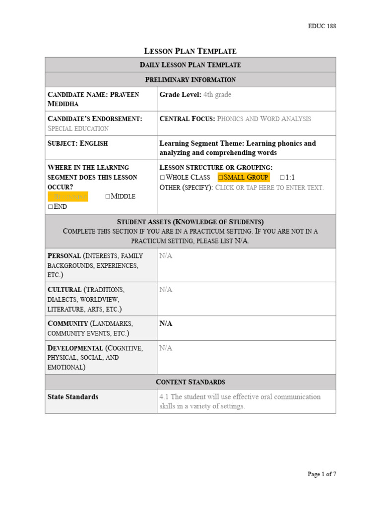 edTPA Task 1 Lesson Plan Template (1) (1) | PDF | Reading Comprehension ...