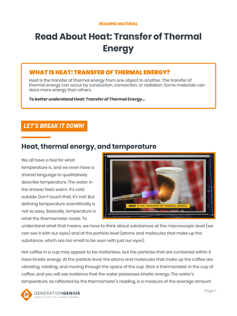 Heat Transfer of Thermal Energy Reading Material | PDF | Heat | Thermal ...