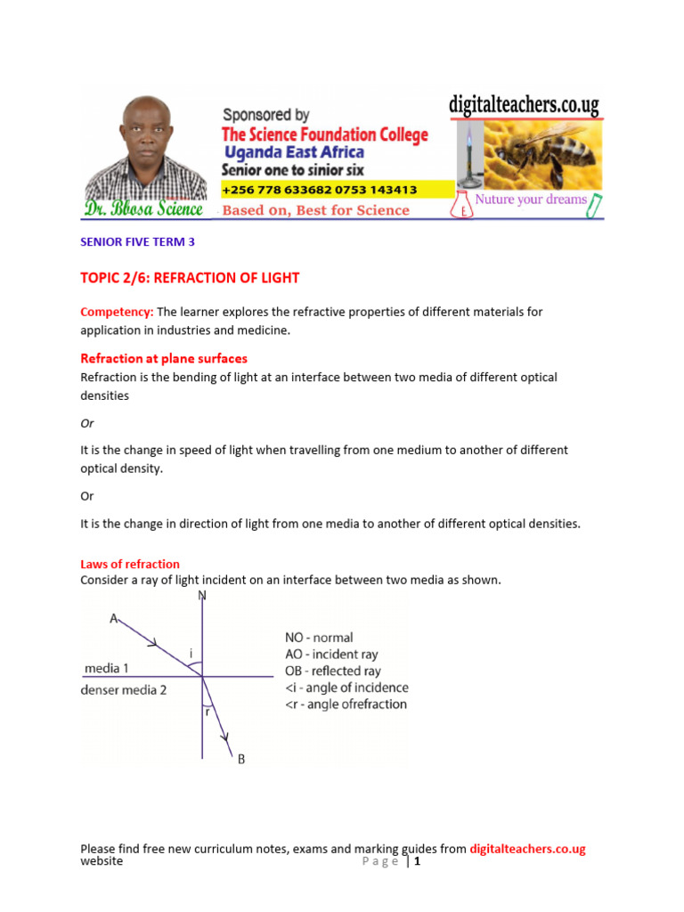 A Level New Curriculum Physics SV Topic15 REFRACTION of LIGHT | PDF ...
