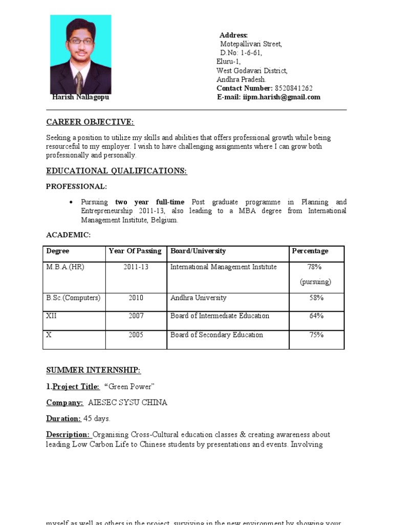 Harish Resume | PDF | Recruitment | Master Of Business Administration