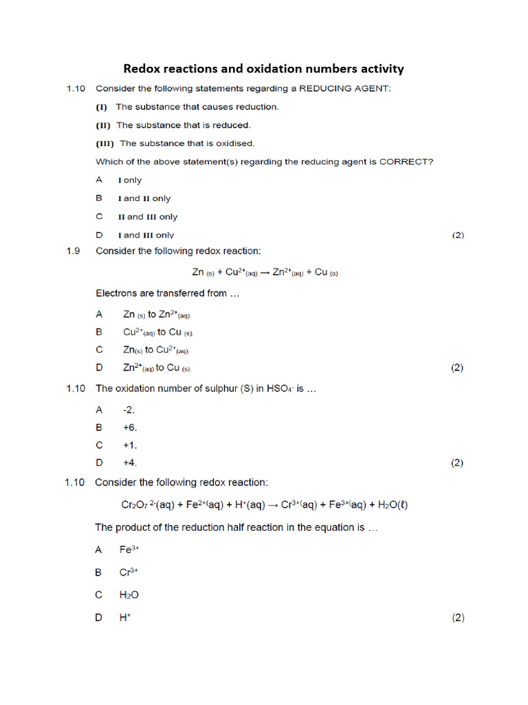Redox Reactions and Oxidation Numbers Activity | PDF