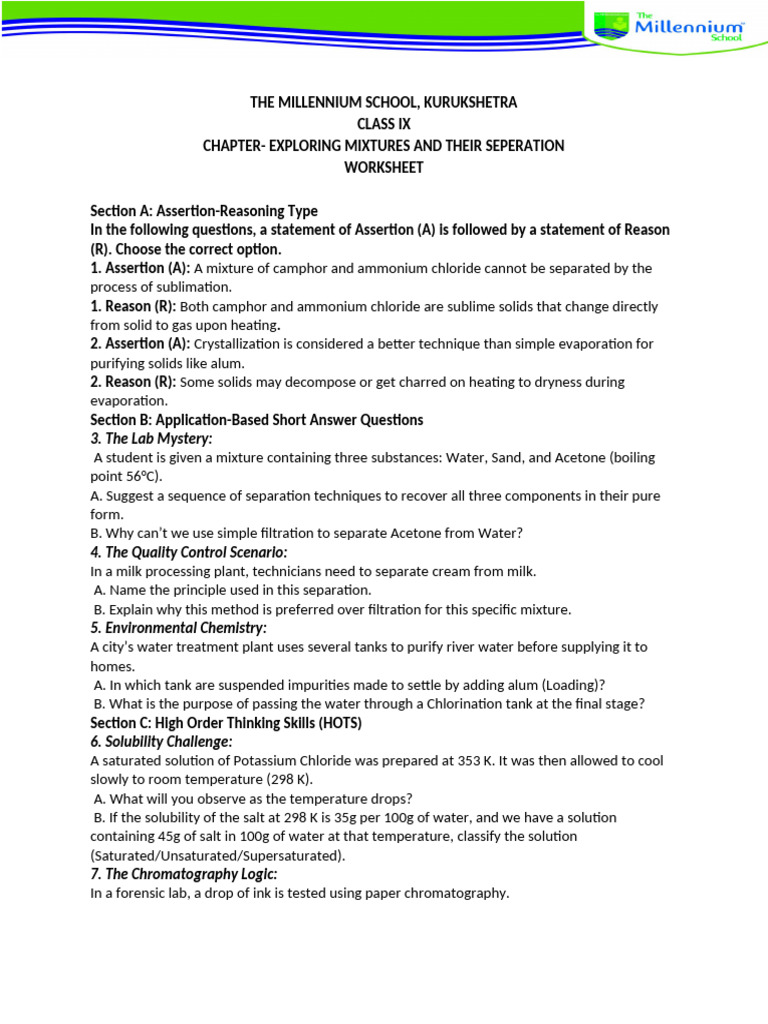 Chapter 1 Exploring Mixtures Class 9 Worksheet | PDF | Solubility | Water