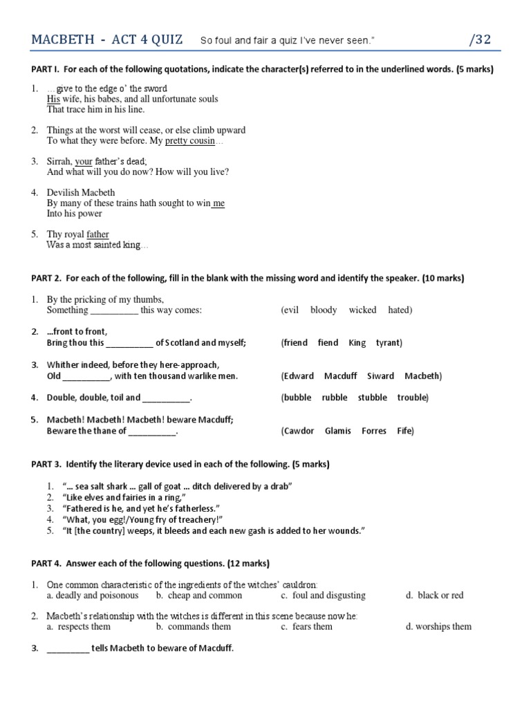 Macbeth Act 4 Quiz and Answer Sheet | Download Free PDF | Macbeth ...