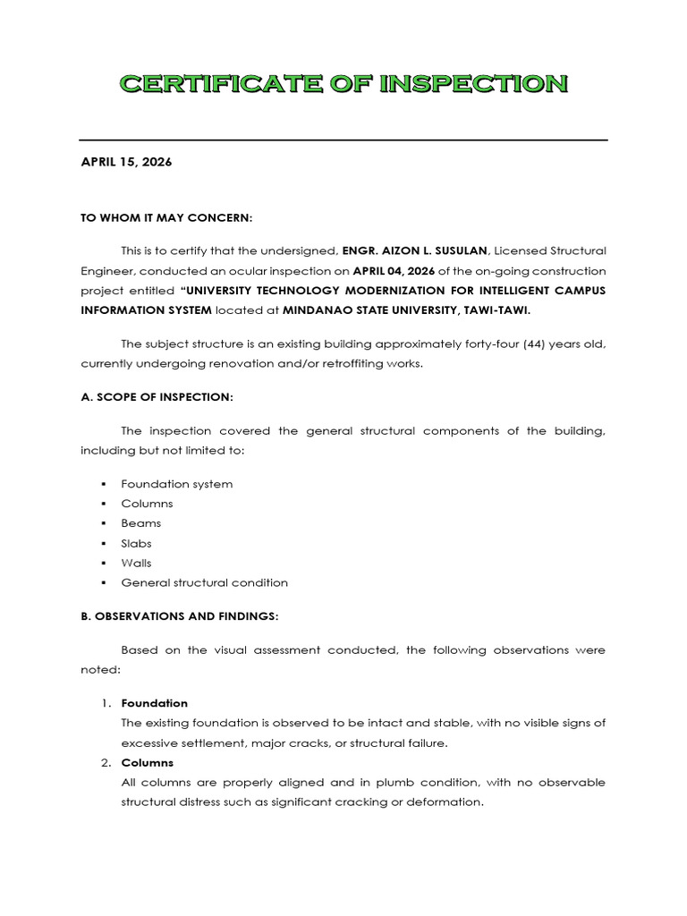 Certificate Of Inspection Pdf Concrete Reinforced Concrete 7079