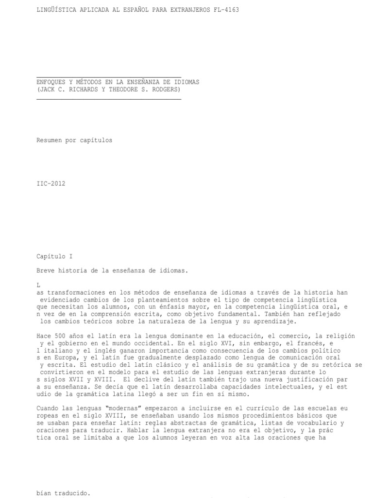 RESUMEN POR CAPITULOS DE ENFOQUES Y MÉTODOS EN LA ENSEÑANZA DE IDIOMAS ...