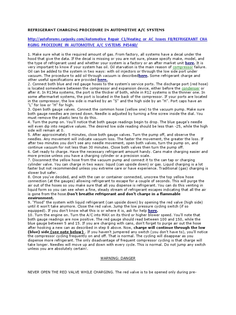 Automotive A/C Refrigerant Charging Guide | PDF | Gas Compressor | Air ...