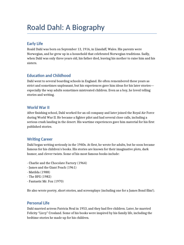 Roald Dahl Biography (1) | PDF