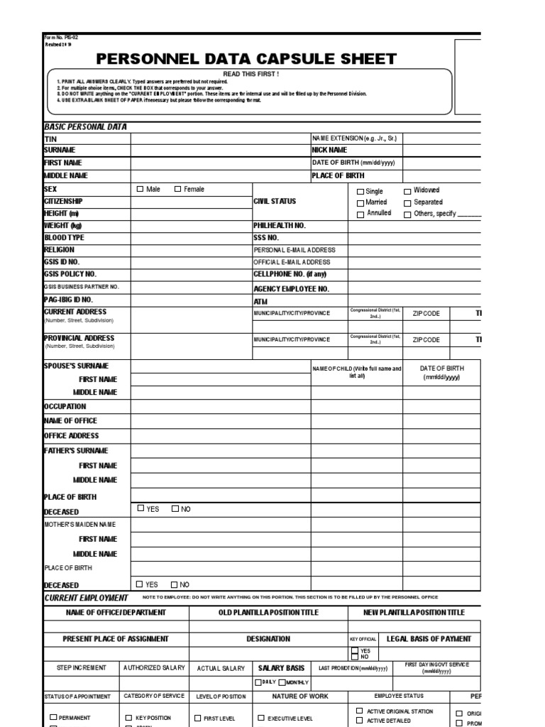 Personal Data Capsule Sheet (2007) | PDF | Salary | Zip Code