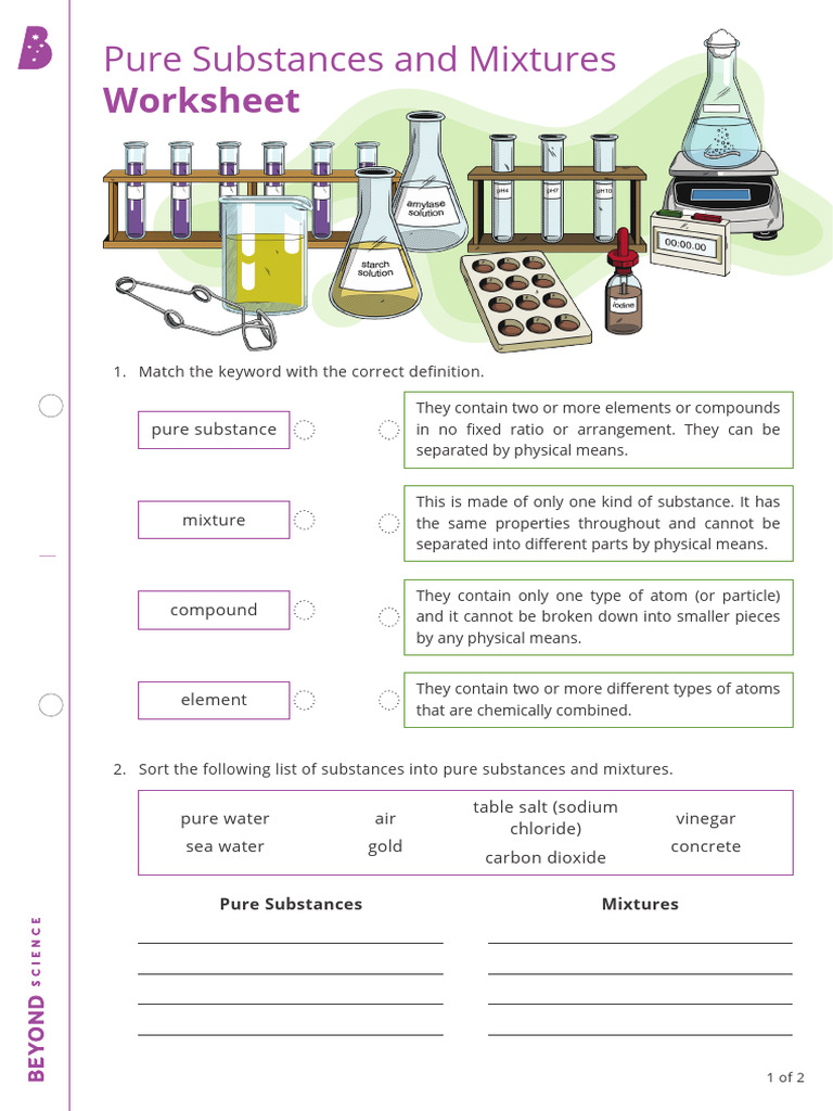 Pure Substances and Mixtures - Worksheet | PDF | Mixture | Chemical ...