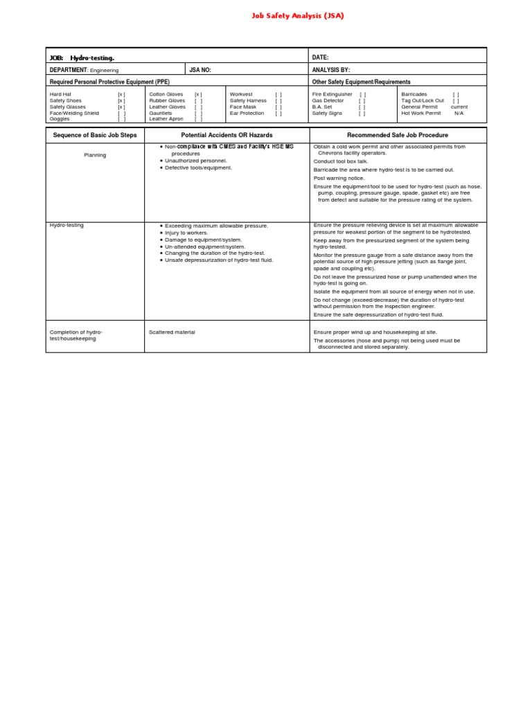 Hydro Test JSA | PDF | Personal Protective Equipment | Prevention
