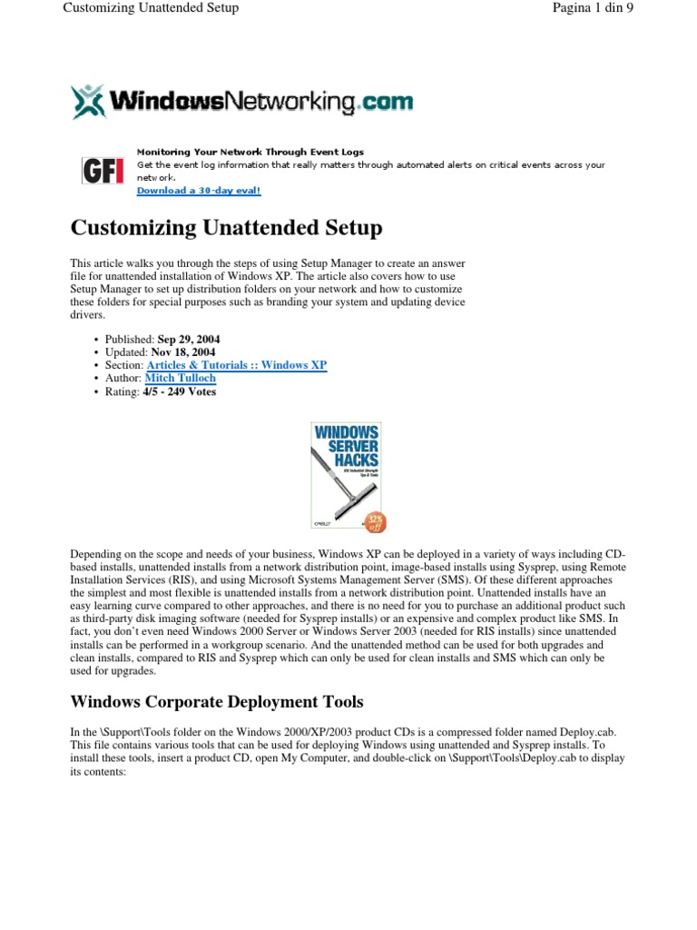 Customizing Unattended Setup | PDF | Installation (Computer Programs) | Windows Xp