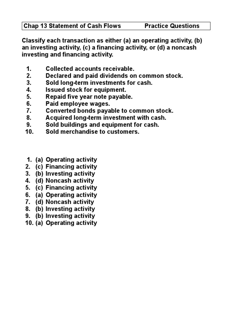 Chap 13 Statement of Cash FlowsPractice Questions | PDF | Cash Flow ...