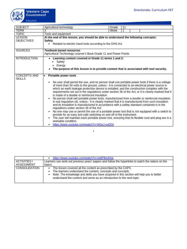 Agricultural Technology Gr 11 FET Lesson Term 3 Week 1 | PDF ...