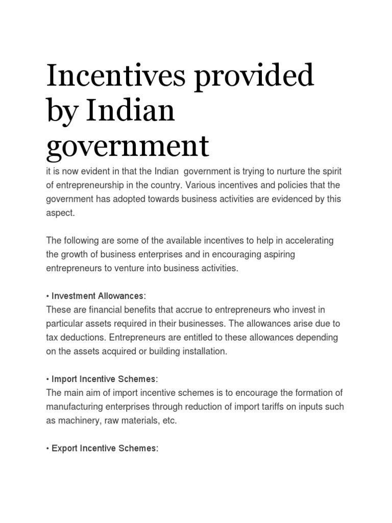 Incentives Provided by Indian Government | PDF | Incentive ...